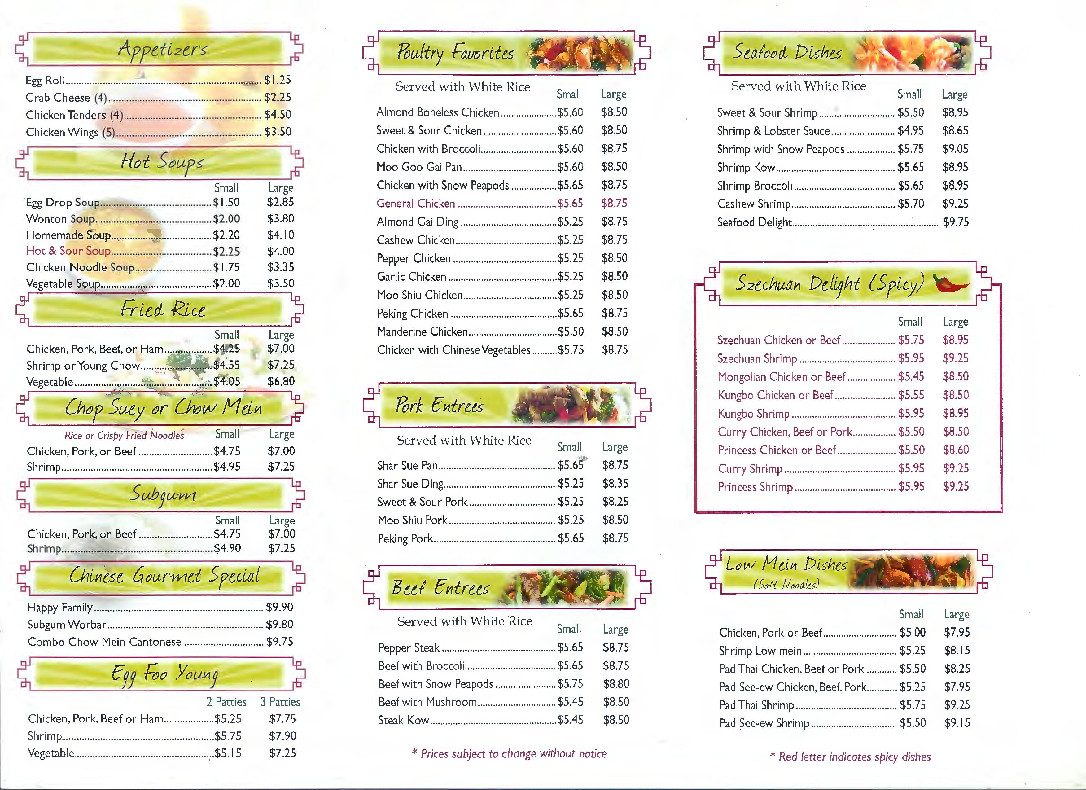 Menu at Yung's Kitchen restaurant, Holly