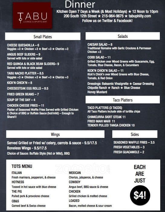 Menu at Tabu cafe, Philadelphia, 200 S 12th St