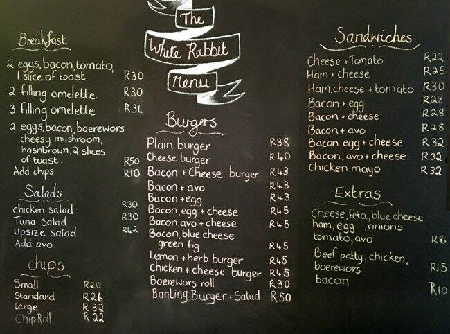 Menu at Follow the White Rabbit restaurant, Cape Town