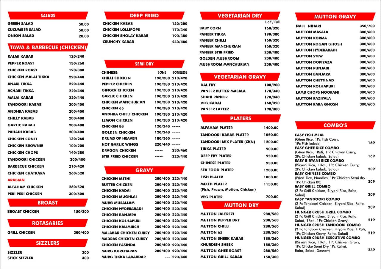 Menu of Al-Bek, Malleshwaram, Bangalore
