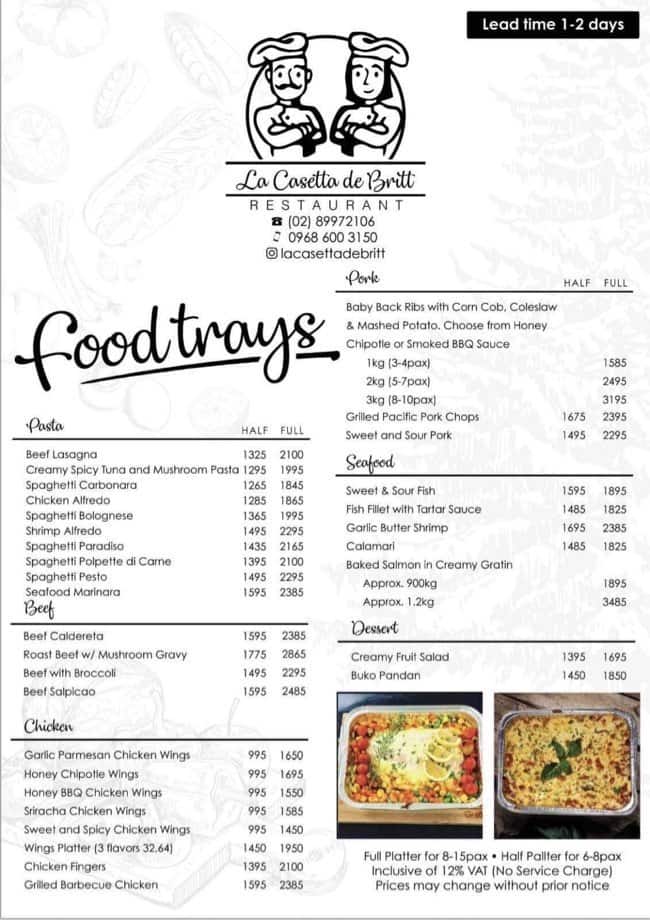 Menu at La Casetta de Britt restaurant, Taytay, SM City