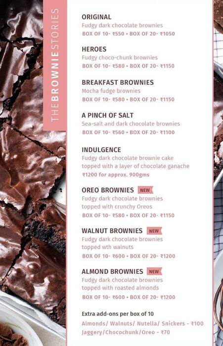 Menu of The Brownie Stories, Frazer Town, Bangalore