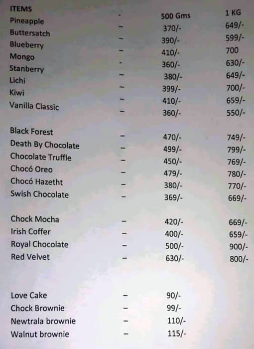 Menu of The Excellent Cake Cafe, Bellandur, Bangalore