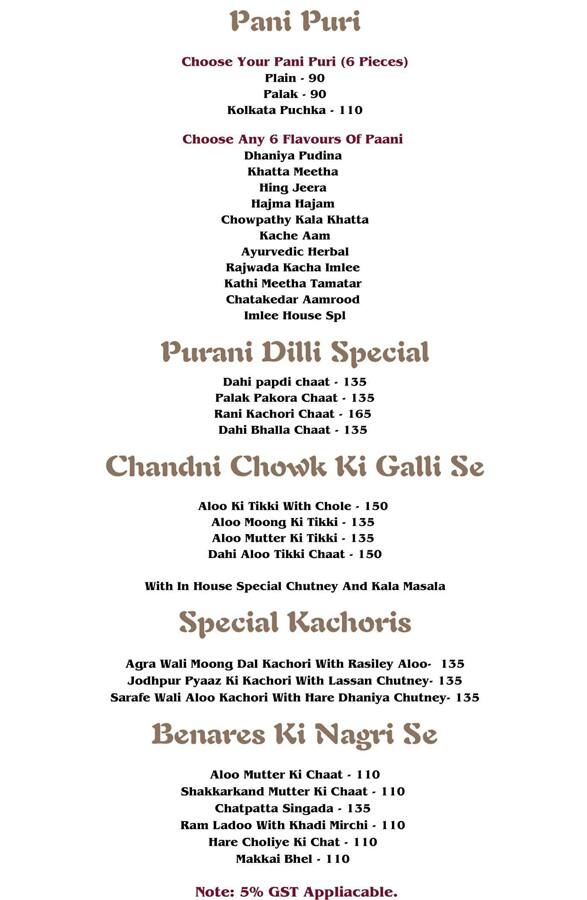 Menu of Imlee The Chat Gali by Neeti Goel & Curly Tales, Pali Hill ...