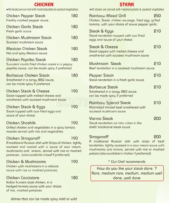 Menu at Rainbow Fame Cafe, Bengaluru
