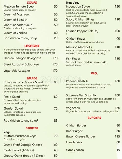 Menu at Rainbow Fame Cafe, Bengaluru