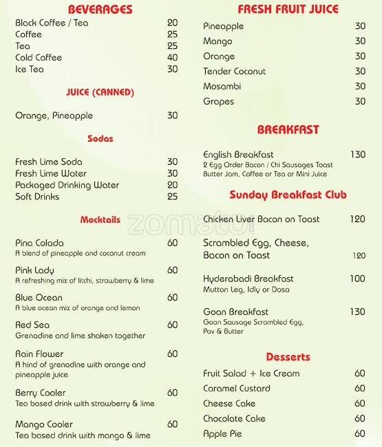 Menu at Rainbow Fame Cafe, Bengaluru