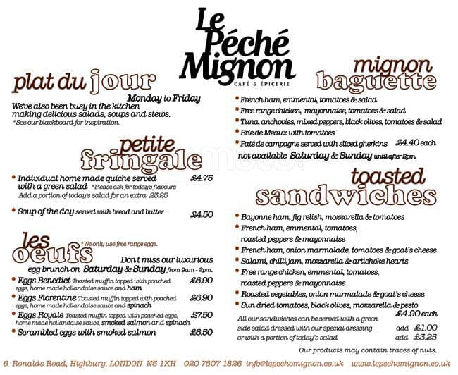 Menu at Le Peche Mignon cafe, London