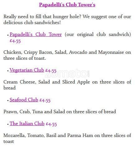 Menu at Papadelli cafe, Enfield, 48 Church St