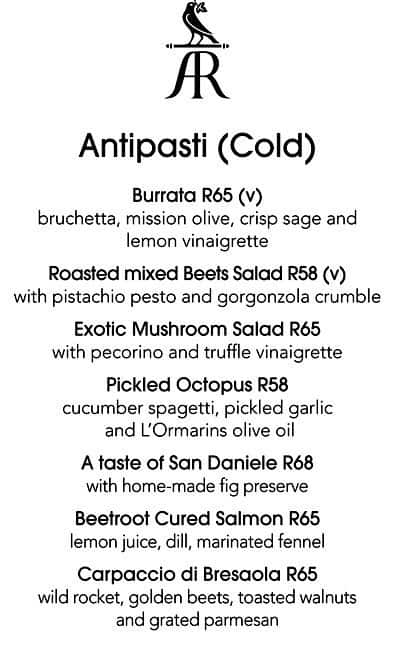 Menu at Terra Del Capo Antipasti, Cape Town