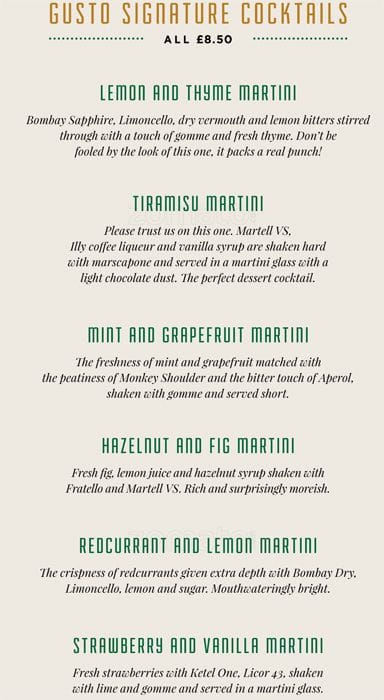 Menu at Gusto Italian pub & bar, Manchester, 756 Wilmslow Rd