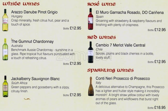 Menu at Park Bar, Glasgow, Argyle Street