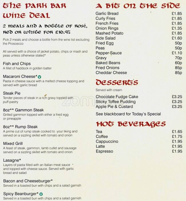 Menu at Park Bar, Glasgow, Argyle Street