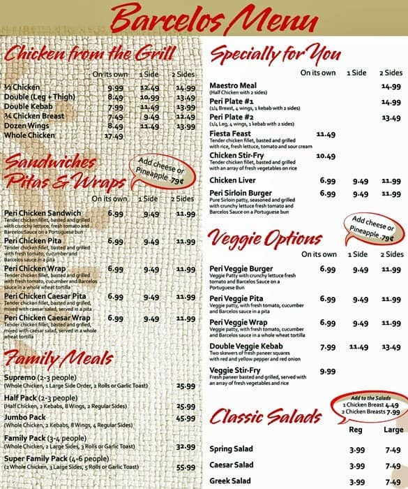 Barcelo's Flamed Grilled Chicken Menu - Urbanspoon/Zomato