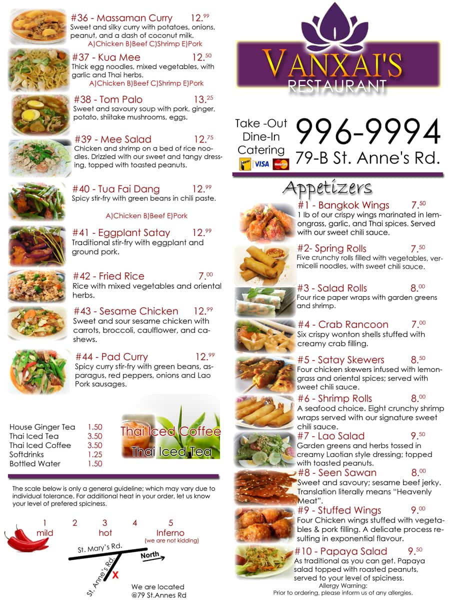 Menu at Vanxai's Restaurant, Winnipeg