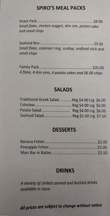 Menu at Spiros Fish & Chips fast food, Mount Evelyn