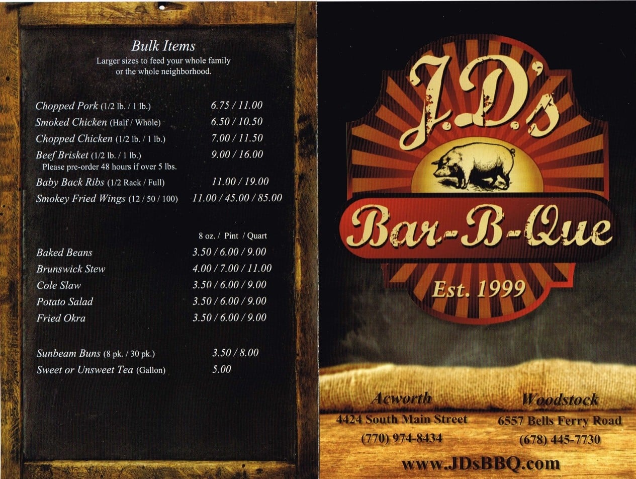 Menu at JD's Bar-B-Que, Woodstock, Bells Ferry Rd