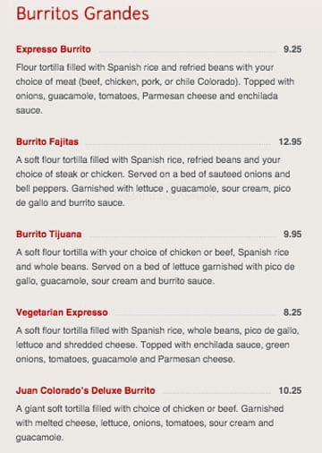 Menu at Juan Colorado restaurant, Hillsboro
