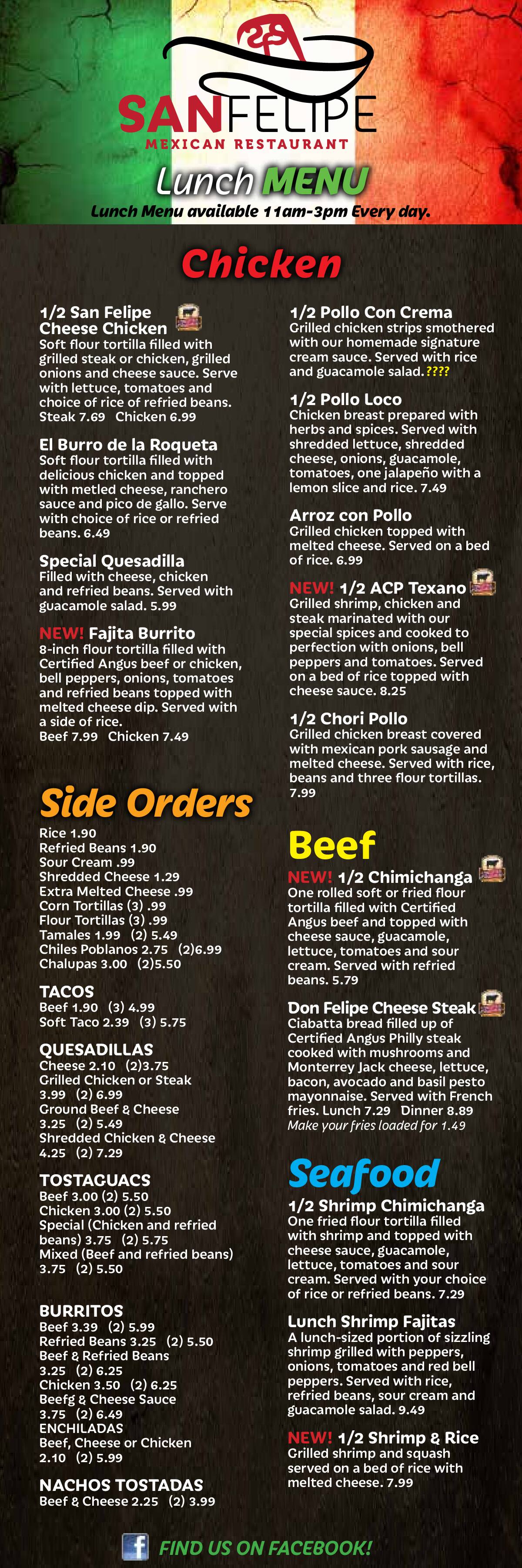 Menu at San Felipe pub & bar, Sanford, S Horner Blvd