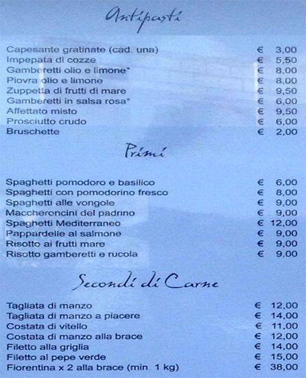 Menu at Piccolo Medi restaurant, Milan