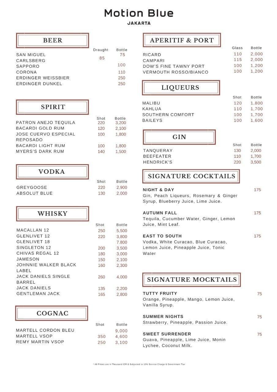 Menu at Motion Blue Jakarta - Fairmont Jakarta, Jakarta