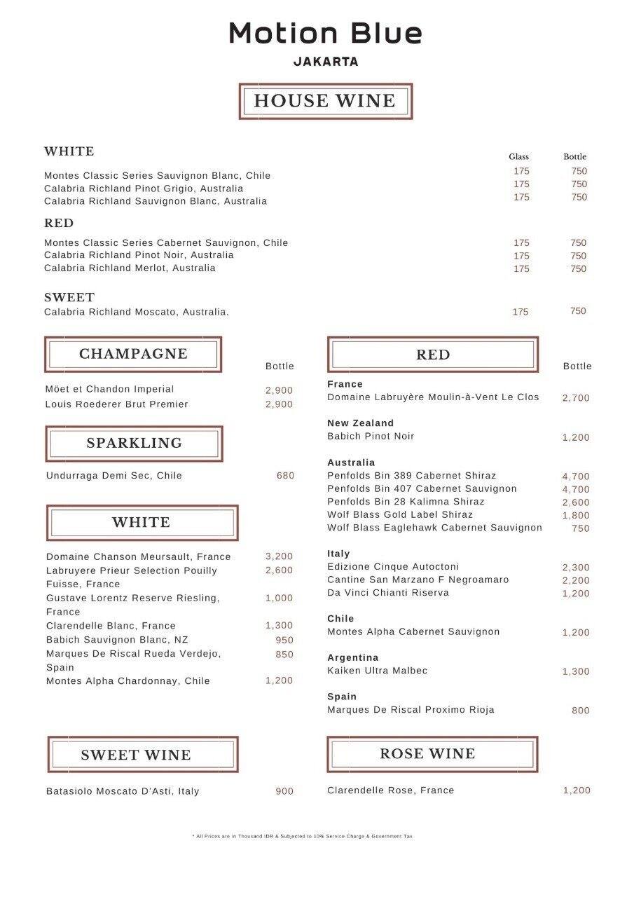 Menu at Motion Blue Jakarta - Fairmont Jakarta, Jakarta