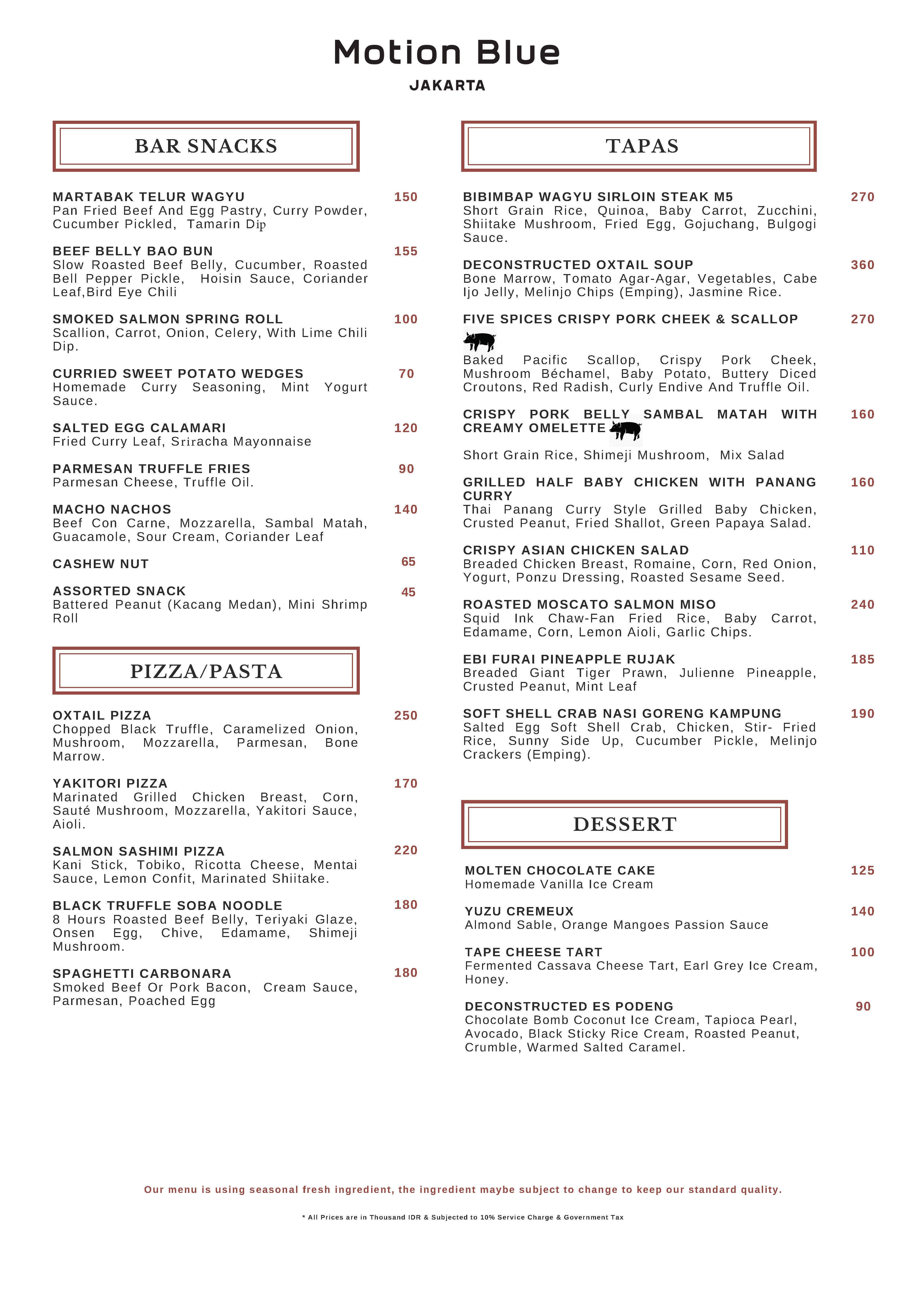 Menu at Motion Blue Jakarta - Fairmont Jakarta, Jakarta