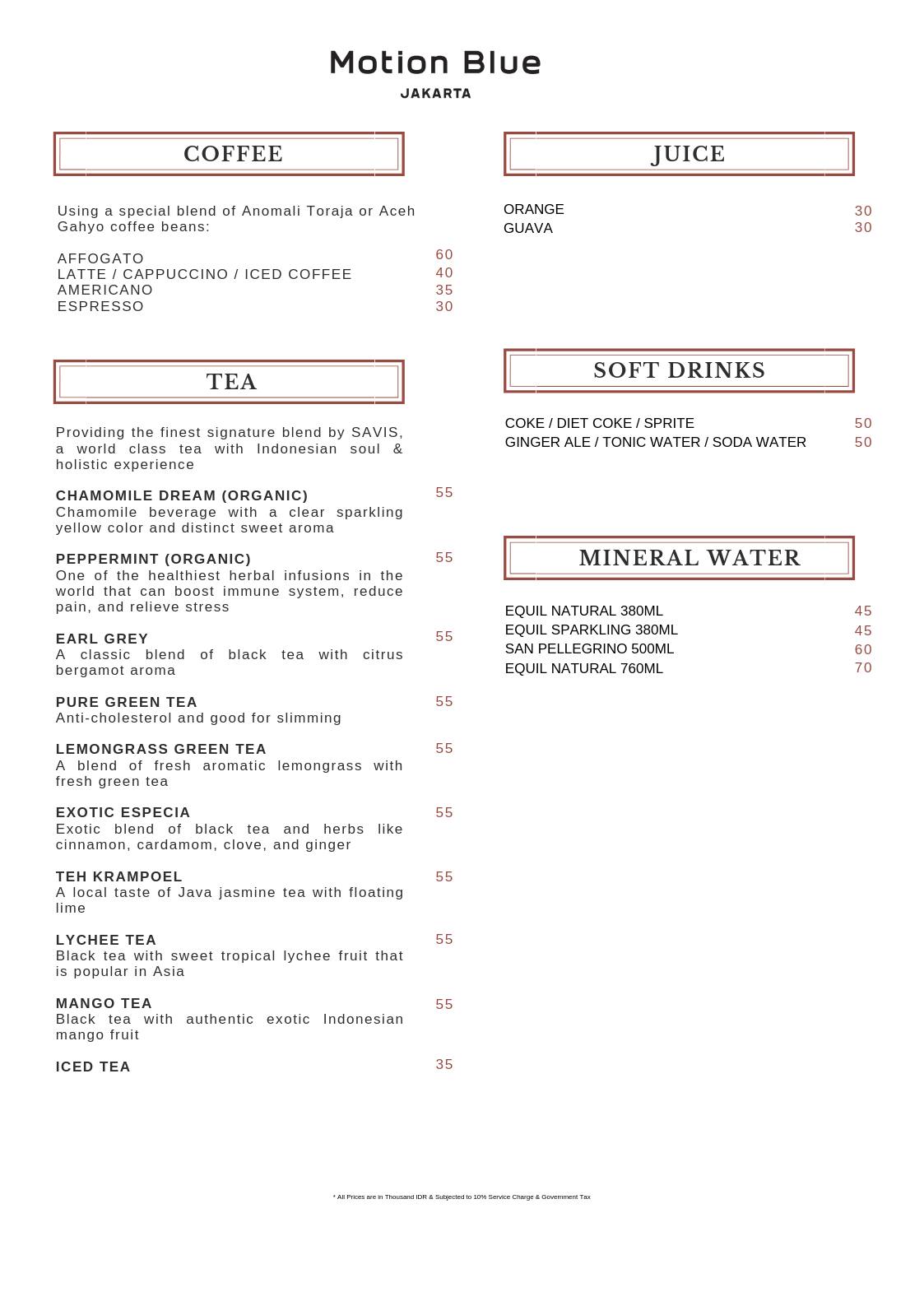 Menu at Motion Blue Jakarta - Fairmont Jakarta, Jakarta