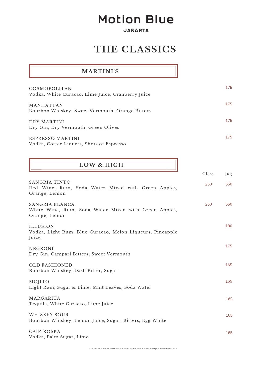 Menu at Motion Blue Jakarta - Fairmont Jakarta, Jakarta