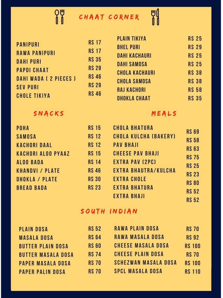 Menu at Shri Barfi House, Bhopal