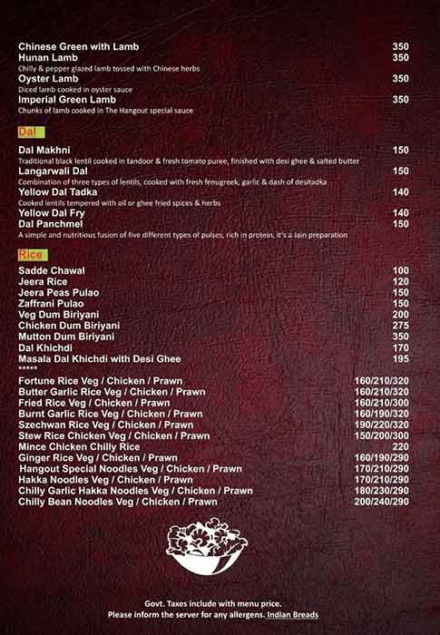 Menu at The Hangout, Pune, Gate No 1131