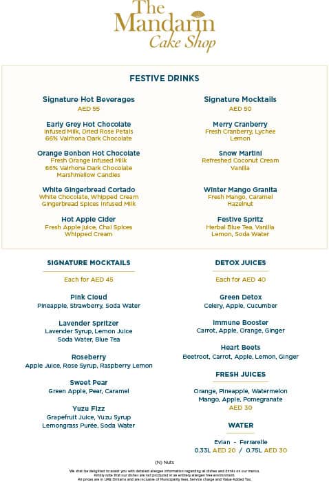 Menu at The Mandarin Cake Shop cafe, Dubai