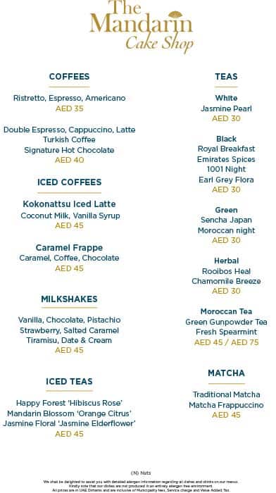 Menu at The Mandarin Cake Shop cafe, Dubai