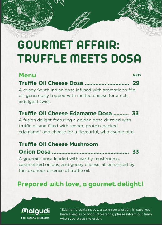 Menu of Malgudi, Meena Bazaar, Dubai