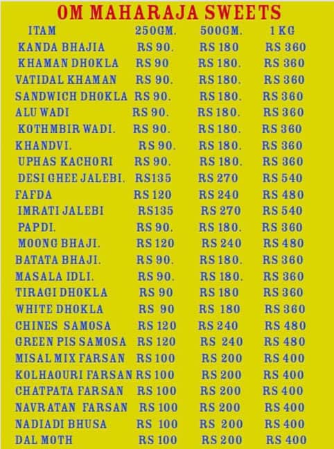 Menu of Maharaja Sweets, Virar, Mumbai