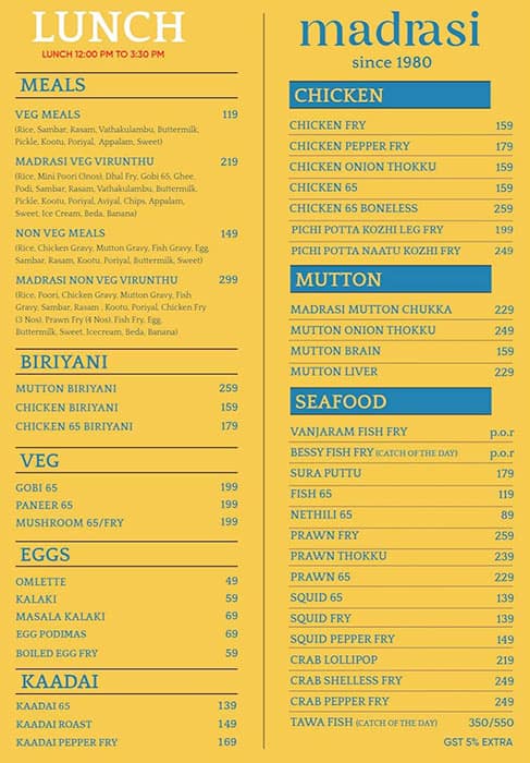 Menu of Madrasi, MG Road, Puducherry