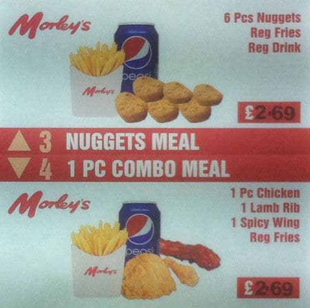 Menu at Morley's Fried Chicken restaurant, London, 412 Hale End Rd