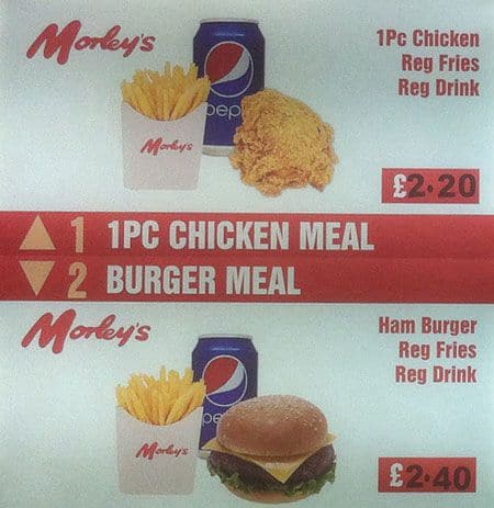 Menu at Morley's Fried Chicken restaurant, London, 412 Hale End Rd