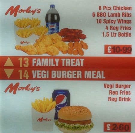 Menu at Morley's Fried Chicken restaurant, London, 412 Hale End Rd