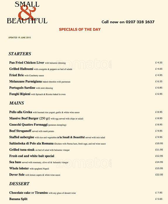 Menu at small and beautiful limited restaurant, London, 351 Kilburn High Rd