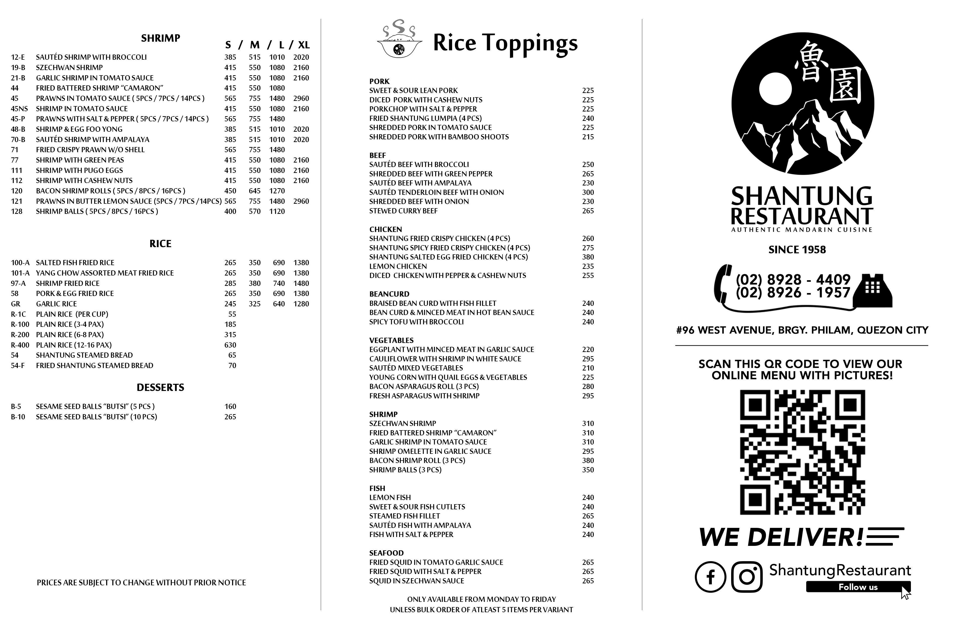 Menu at Shantung Restaurant, Quezon City, #96 West Ave