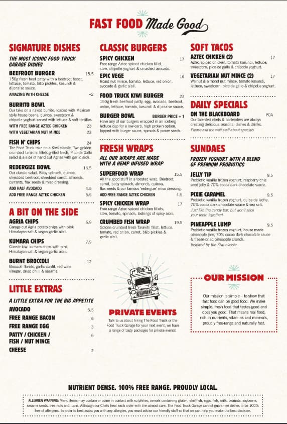 Menu at Food Truck Garage restaurant, Auckland, City Works Depot