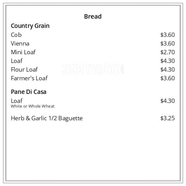 Menu at COBS Bread Bakery, Newmarket