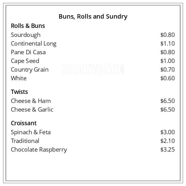 Menu at COBS Bread Bakery, Newmarket