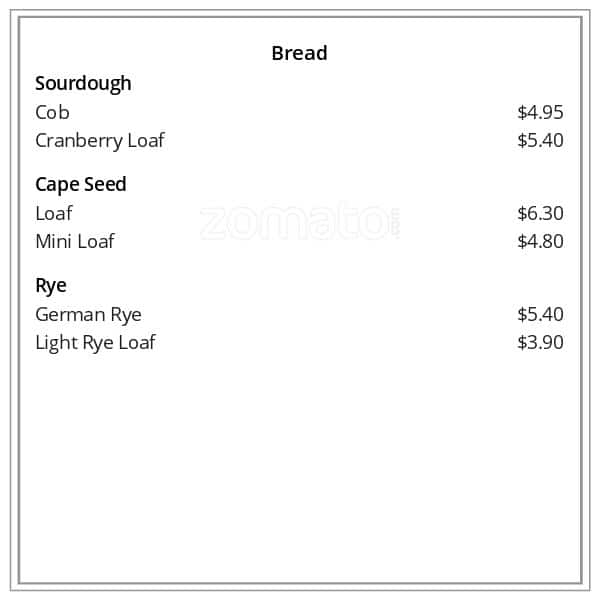 Menu at COBS Bread Bakery, Newmarket