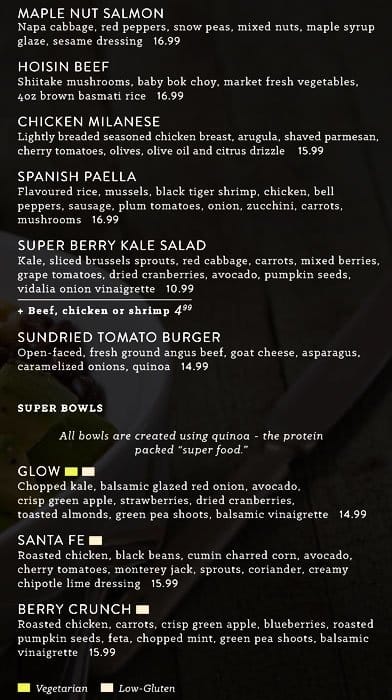 Menu au Pickle Barrel, Newmarket