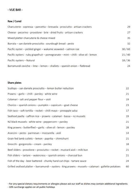 Menu at Vue Bar, Bondi Beach