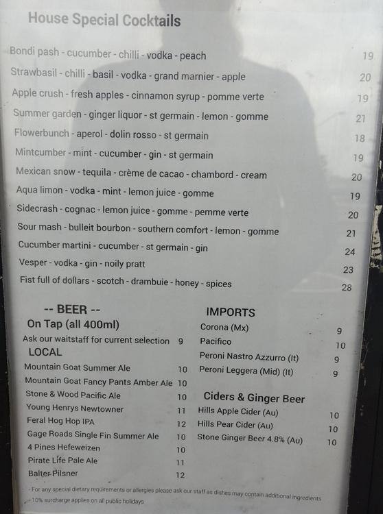 Menu at Vue Bar, Bondi Beach