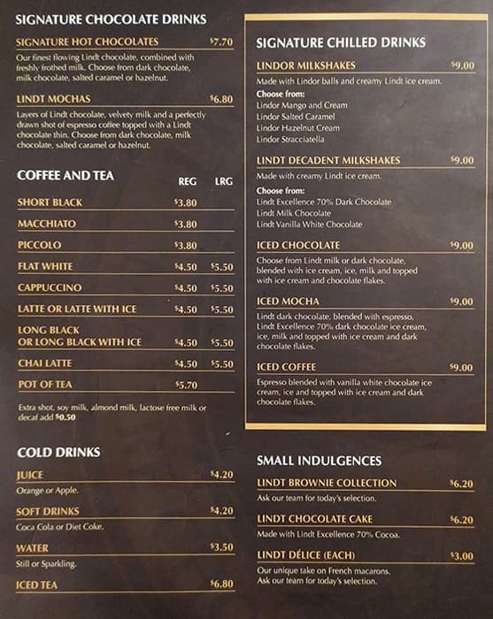 Menu at Lindt cafe, Southbank, Shop G09/3 Southgate Ave