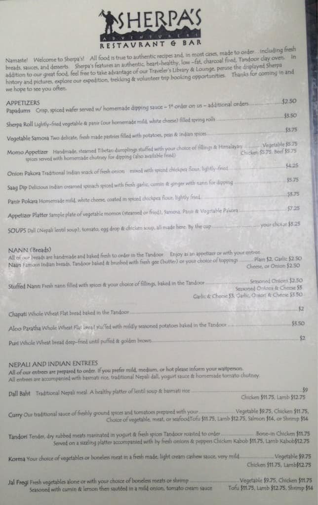 Menu at Sherpa’s Adventure Restaurant and Bar, Boulder